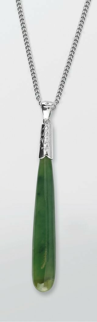 Moko Pounamu Greenstone and Silver Silver Teardrop Pendant Lrg - P49s