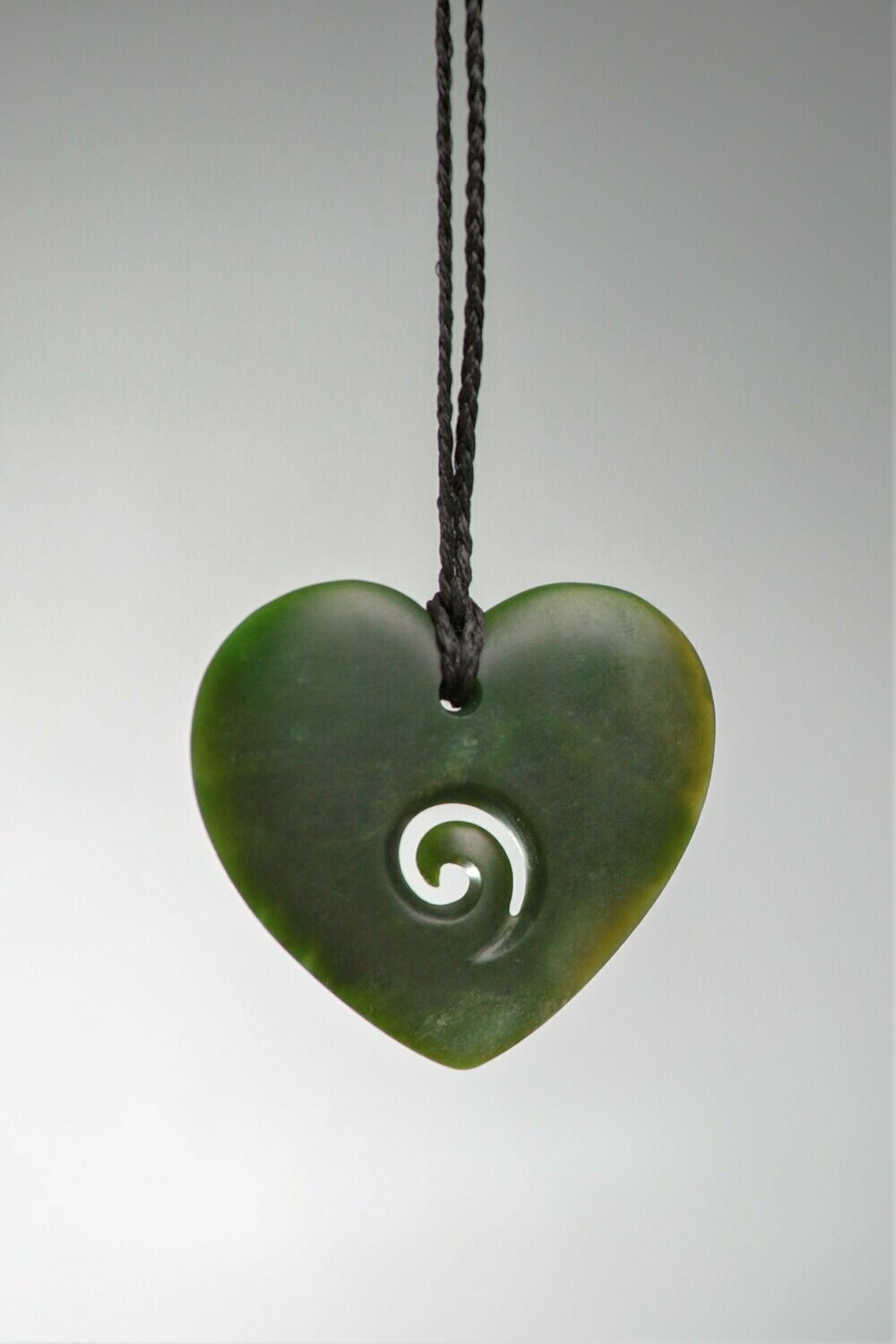 Greenstone Heart with carved Koru NZ Genuine Kawakawa stone - Te Henga