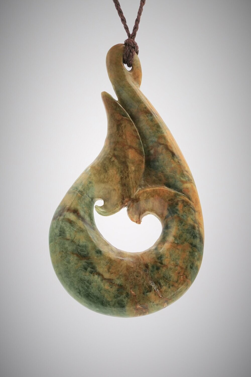 Moko Pounamu Hei Matau (Fishhook) NZ Genuine Kawakawa Flower Greenstone ...