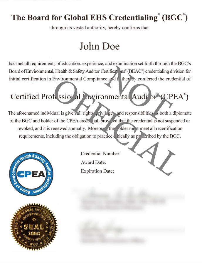 CPEA Certificate - BGC Certificate Ordering - Board for Global EHS Credentialing