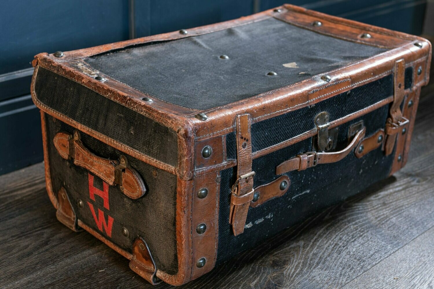 Large Leather & Hessian Travel Trunk