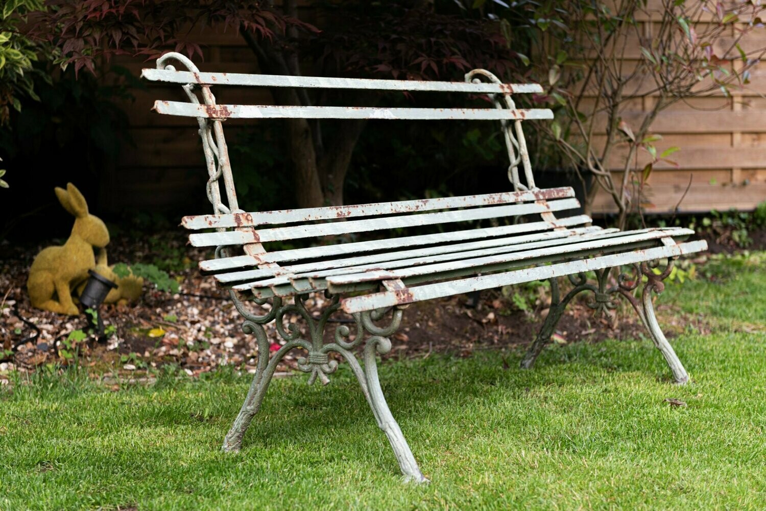 French Cast Iron Strapwork Garden Bench. Circa 1940