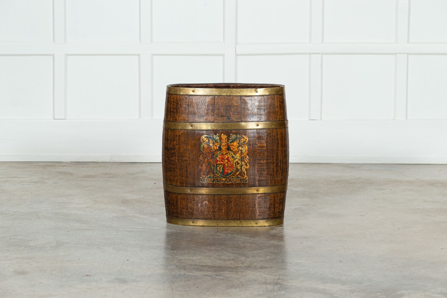 19thC English Oak Brass Coppered Barrel Stick Stand