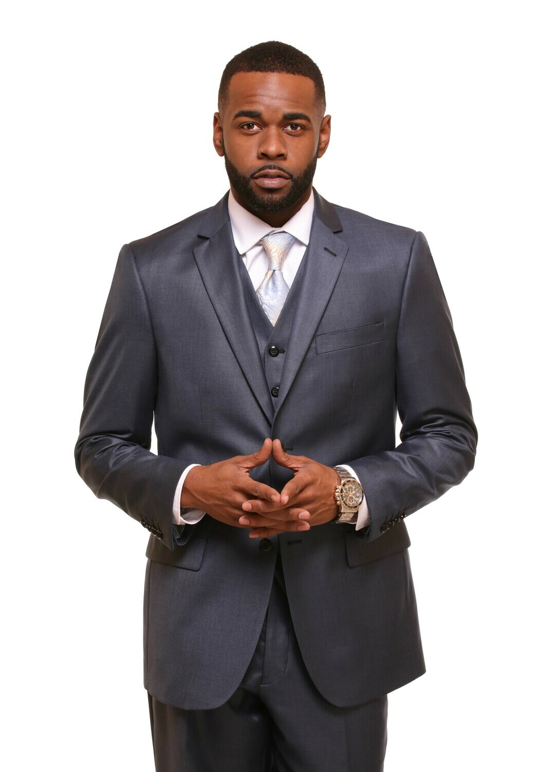 MEN'S NAVY SHARKSKIN VESTED SUIT