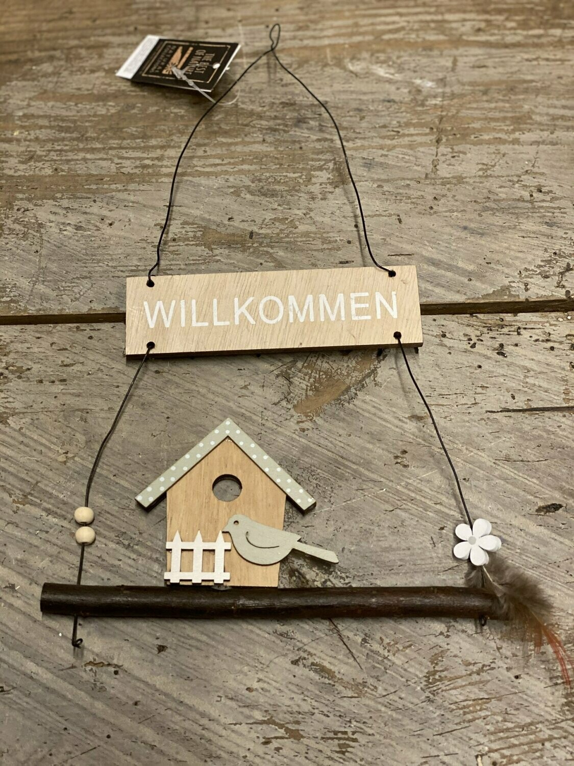 Holzdraht Anhänger - Willkommen mit Häuschen und Vogel