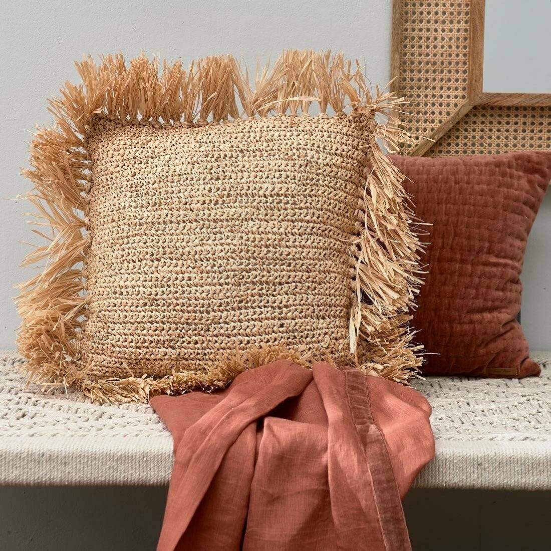 Raffia Fringe Kissen Naturel 50x50