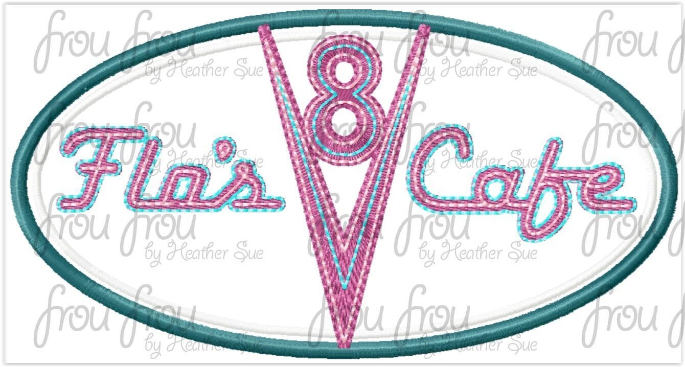 Florence's V8 Cafe Sign Car Machine Applique and Filled Embroidery ...