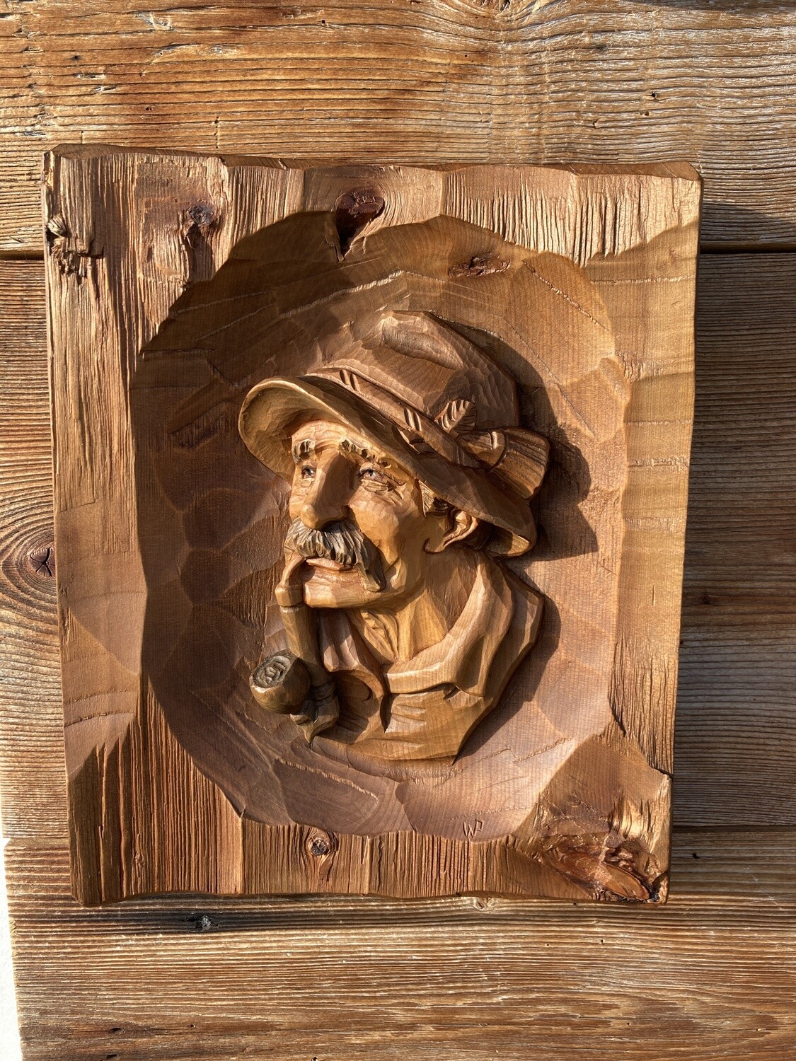 Wandbild Schnitzerei Bauer mit Pfeife