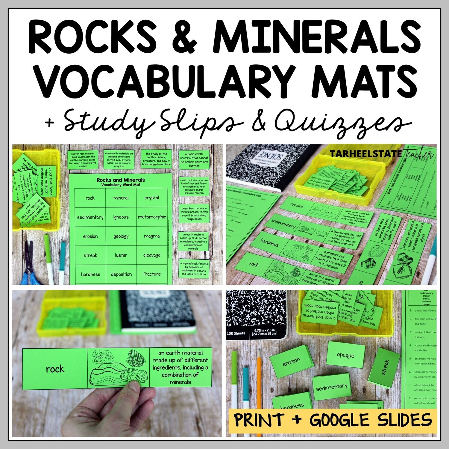 Rocks and Minerals Vocabulary Mats, Study Slips, and Quizzes Printable ...