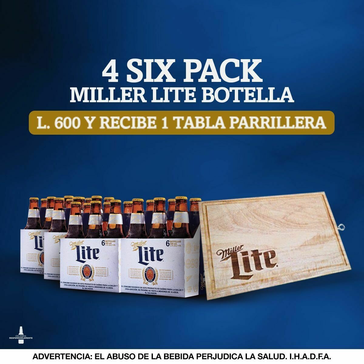 MILLER LITE BOTELLA TWIST OFF 330 ML - 4 SIX PACK (PROMO TABLA)