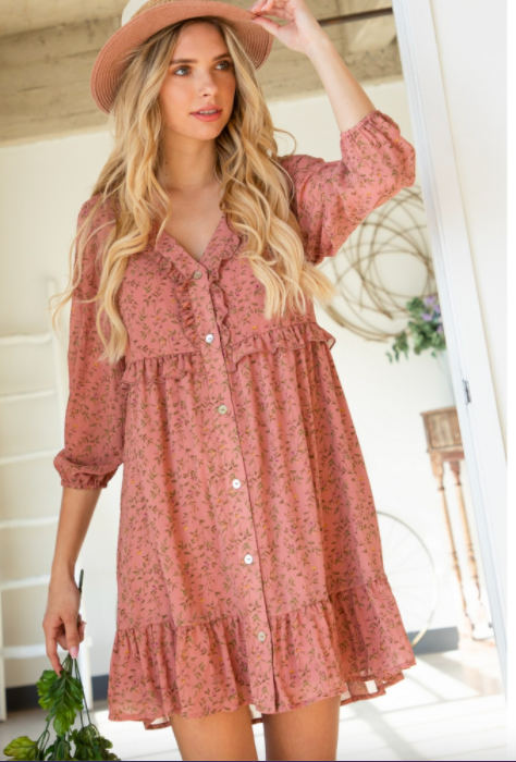 Mauve Floral Ruffle Dress