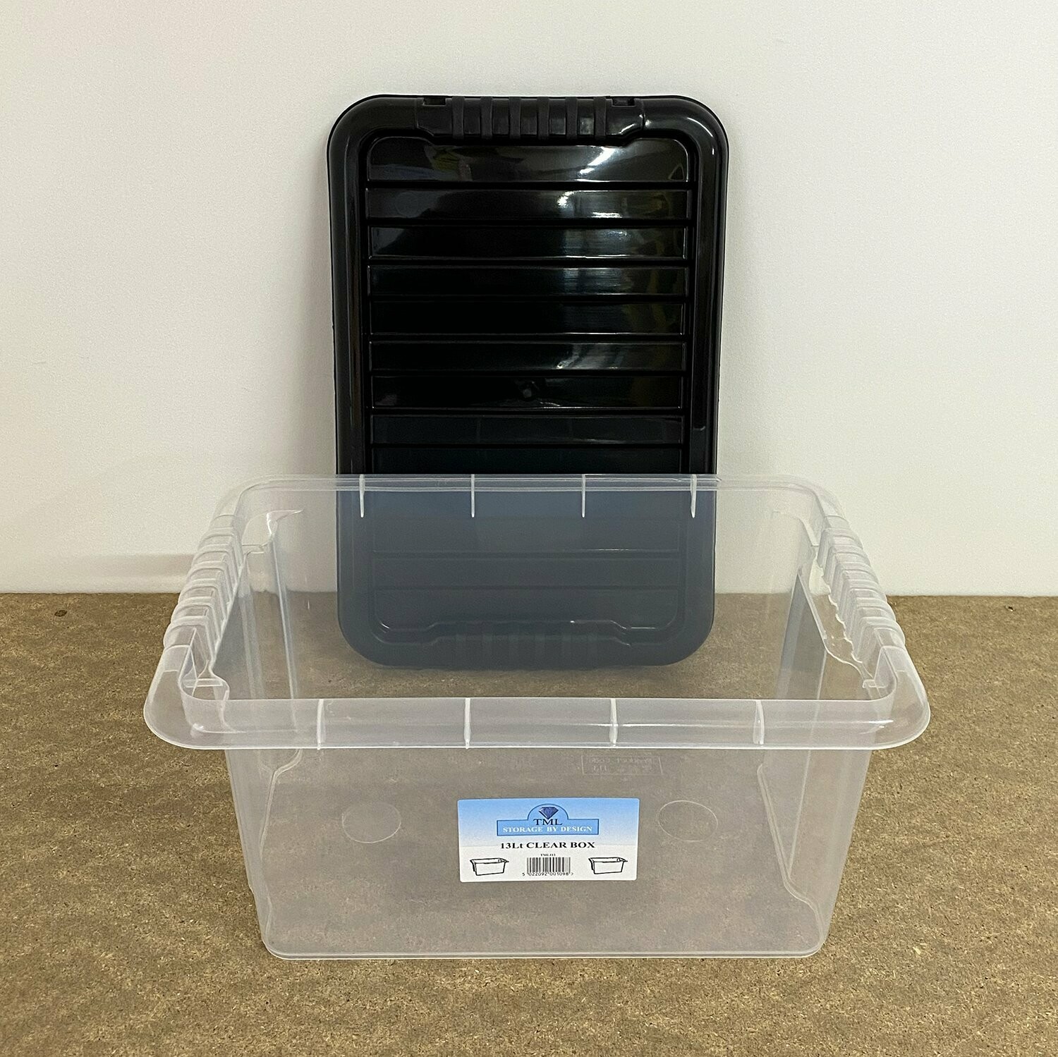 TML clear storage box with black lid