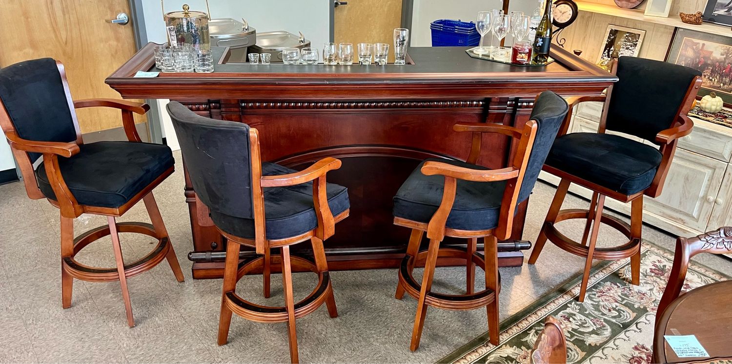 Cherry Wood Bar + Upholstered Stool Set + Small Refrigerator