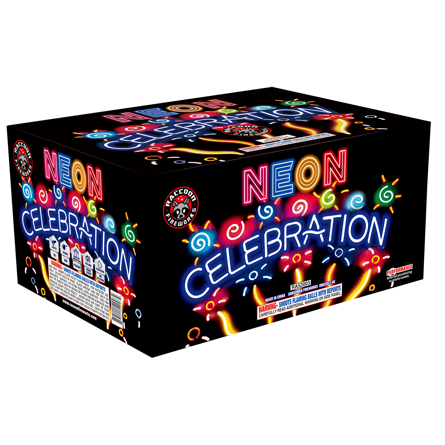 Raccoon Fireworks Neon Celebration - 60 Shot cake