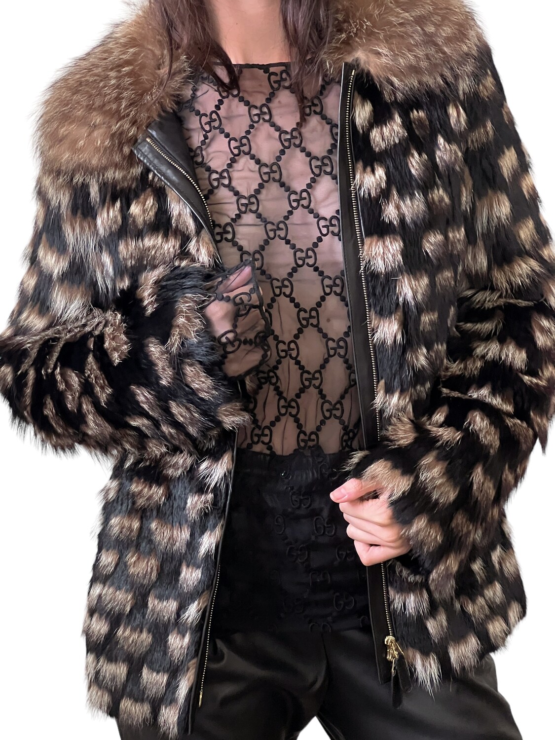 GUCCI VINTAGE BROWN BLACK PATCHWORK FUR JACKET TOM FORD ERA
