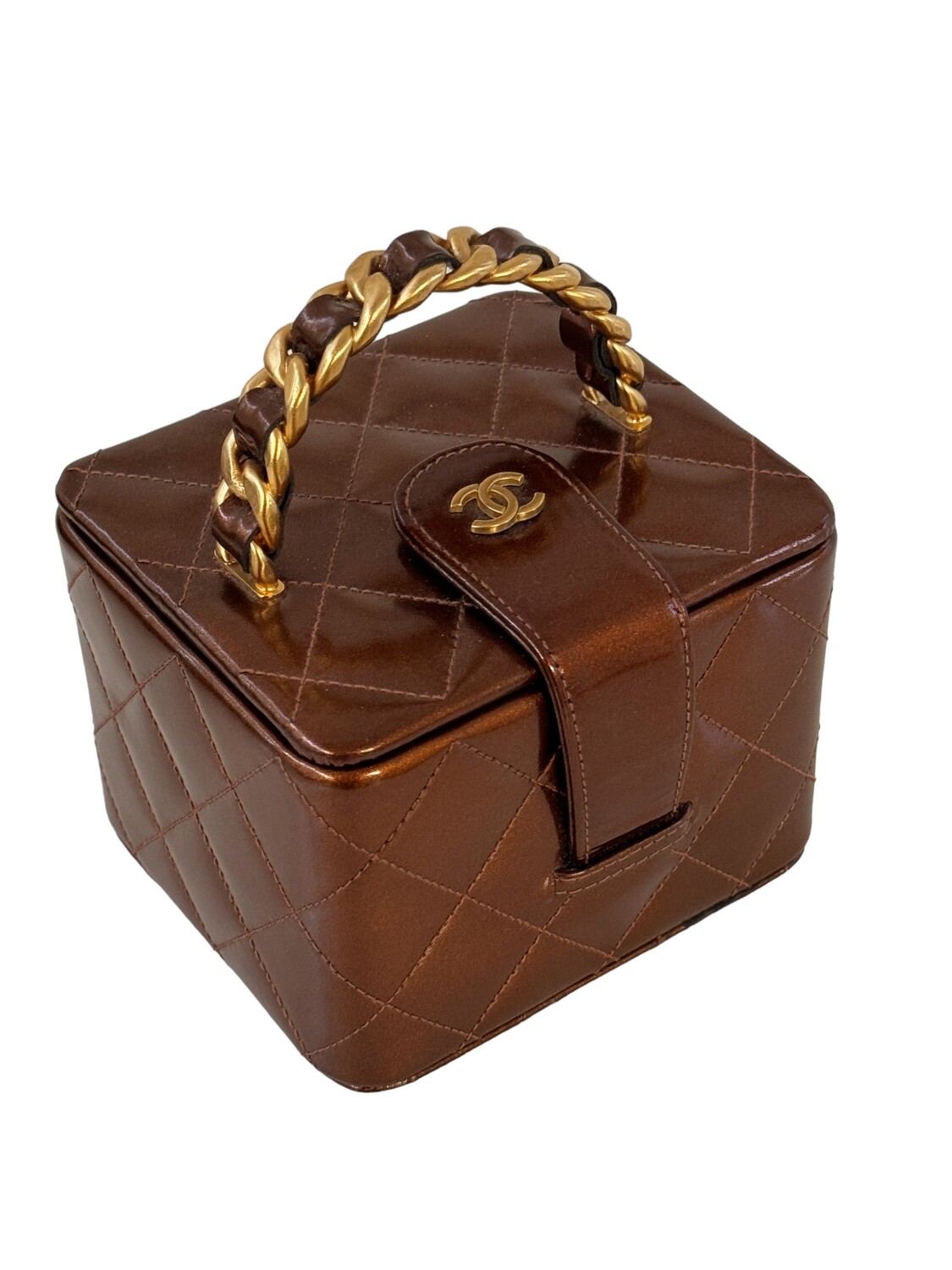 RARE CHANEL VINTAGE BRONZE QUILTED PATENT LEATHER MINI BOX BAG WITH ...