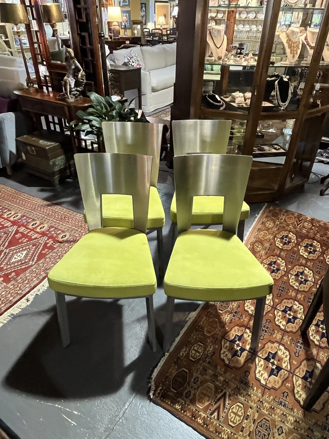 Set of Four Stainless Dining Chairs W/Upholstered Seats