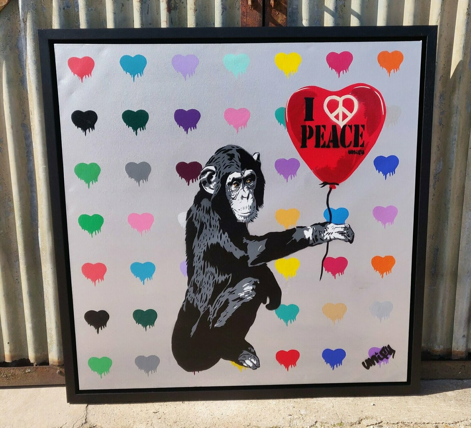 I Love Peace Monkey with Dripping Hearts with Float Frame