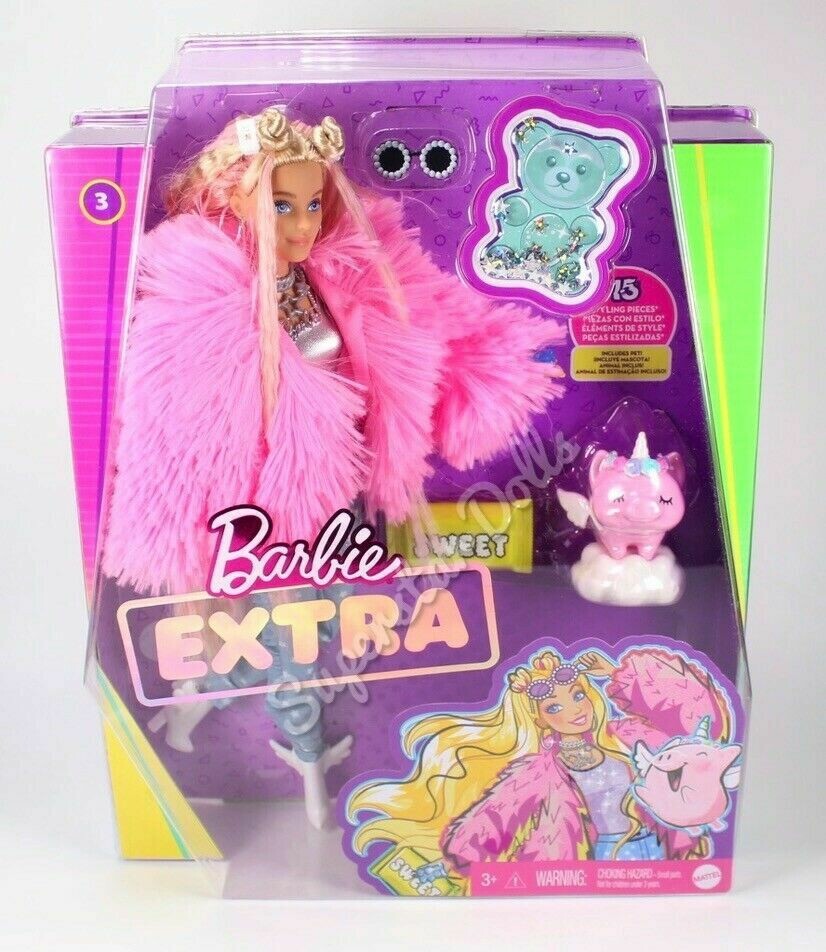2020 Barbie Extra Doll #3 in Pink Coat with Pet Unicorn-Pig