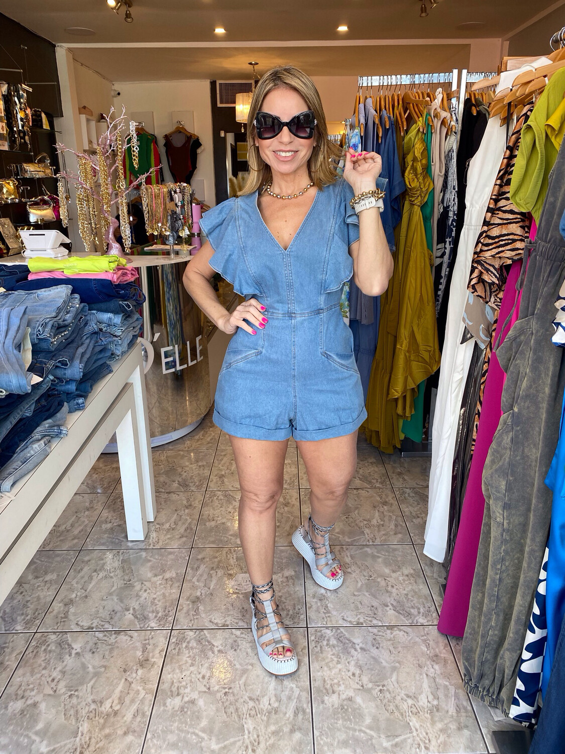 LT Denim Ruffle Sleeve Denim Romper