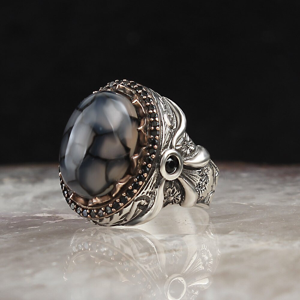 Pure 925 Silver Sterling Ring with Yamani Aqeeq Agate Stone