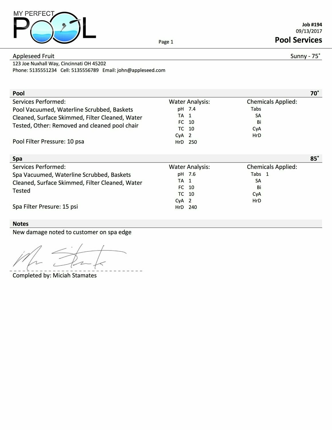 Pool Services - Work Order