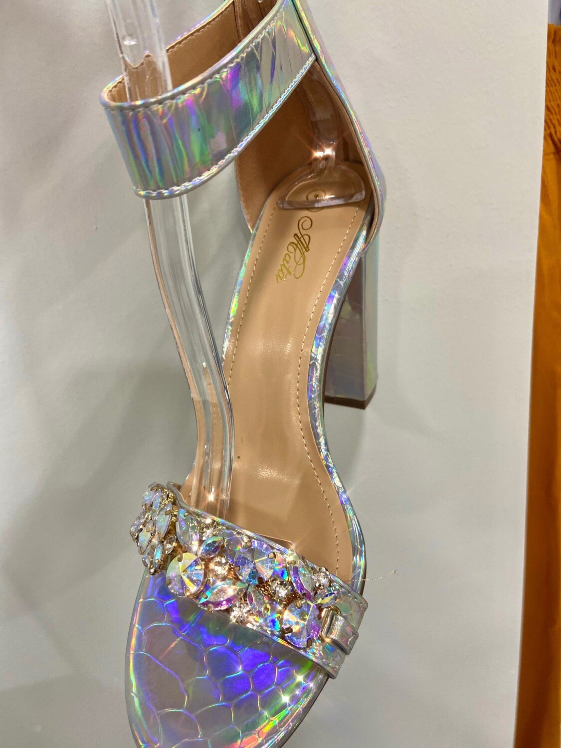 Ankle Strap With Gems Heel Silver