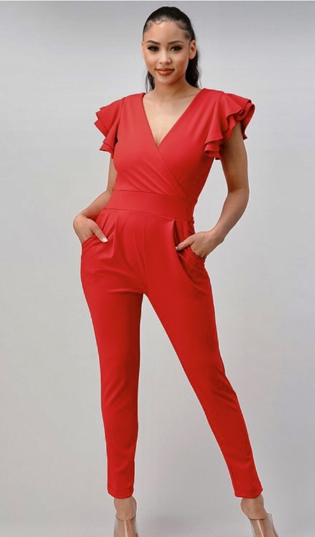 Ruffle Sleeve Lace Up Back Jumpsuit Red
