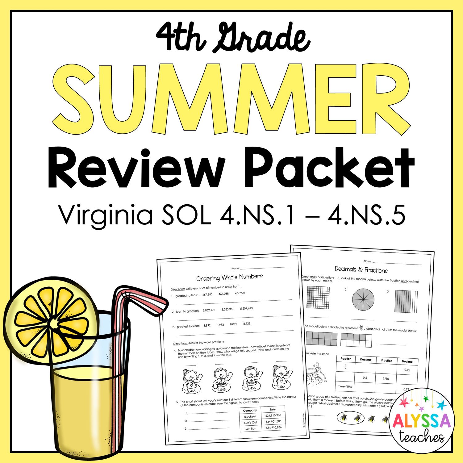 4th Grade Summer Math SOL Review Packet (SOL 4.NS.1 - 4.NS.5)