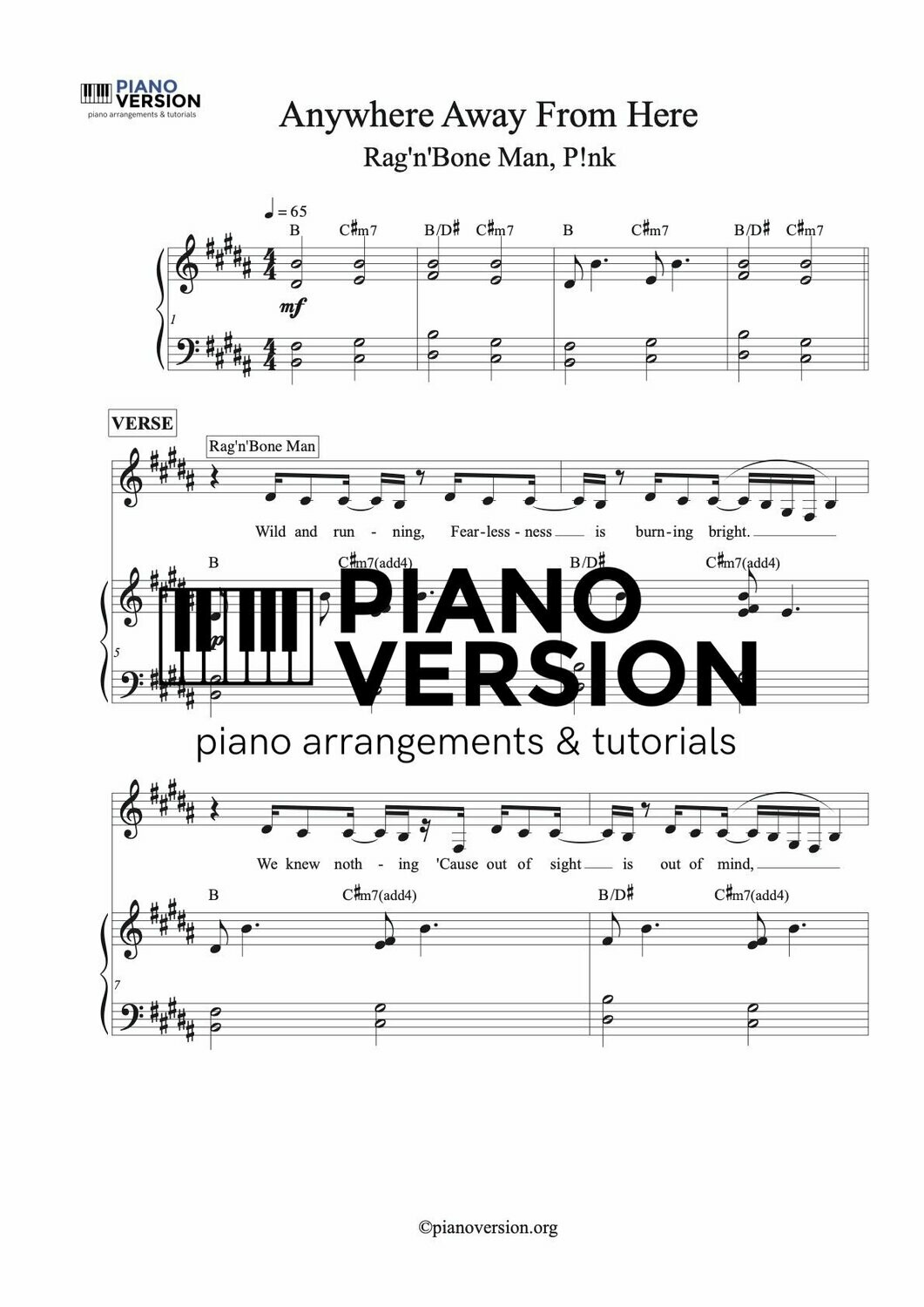 ANYWHERE AWAY FROM HERE - Rag'n'Bone Man, P!nk - Piano Sheet Music
