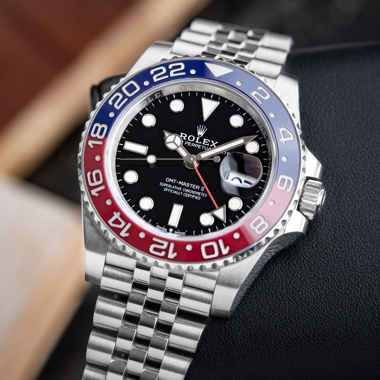 Rolex GMT-Master II Date 11/2022 Pepsi Jubilee Stainless Steel Black Dial