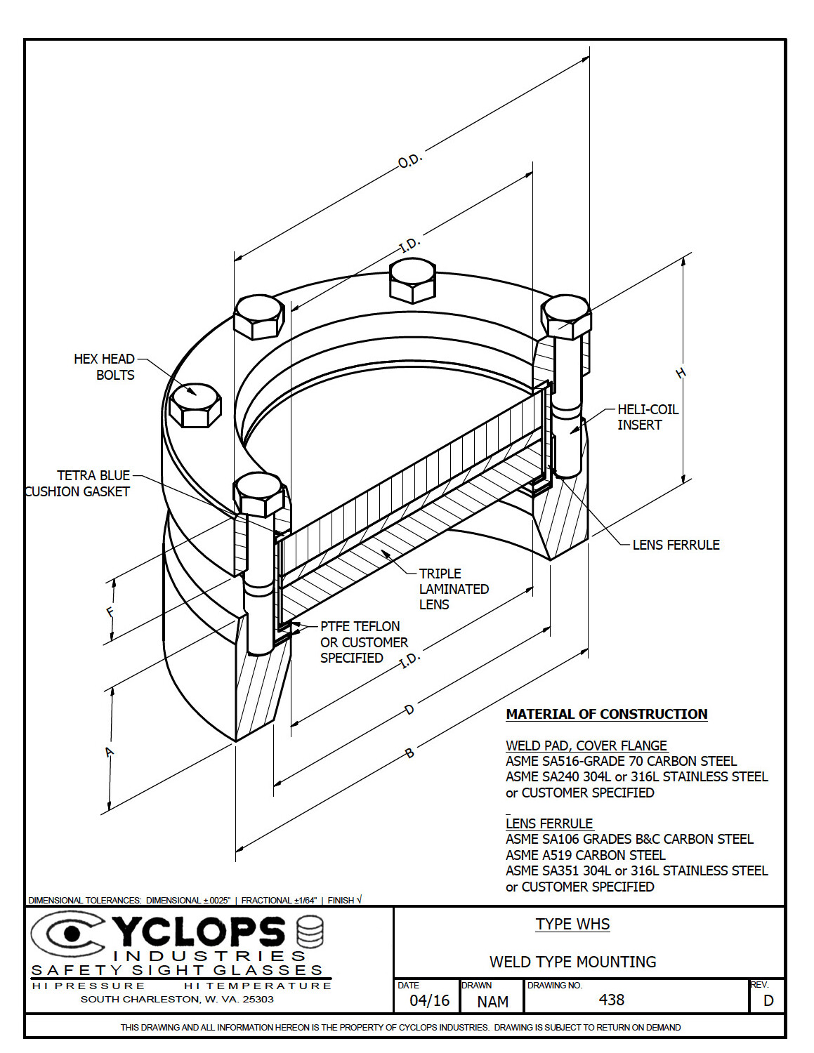 Type F-HS Flange Mounted Sight Glass