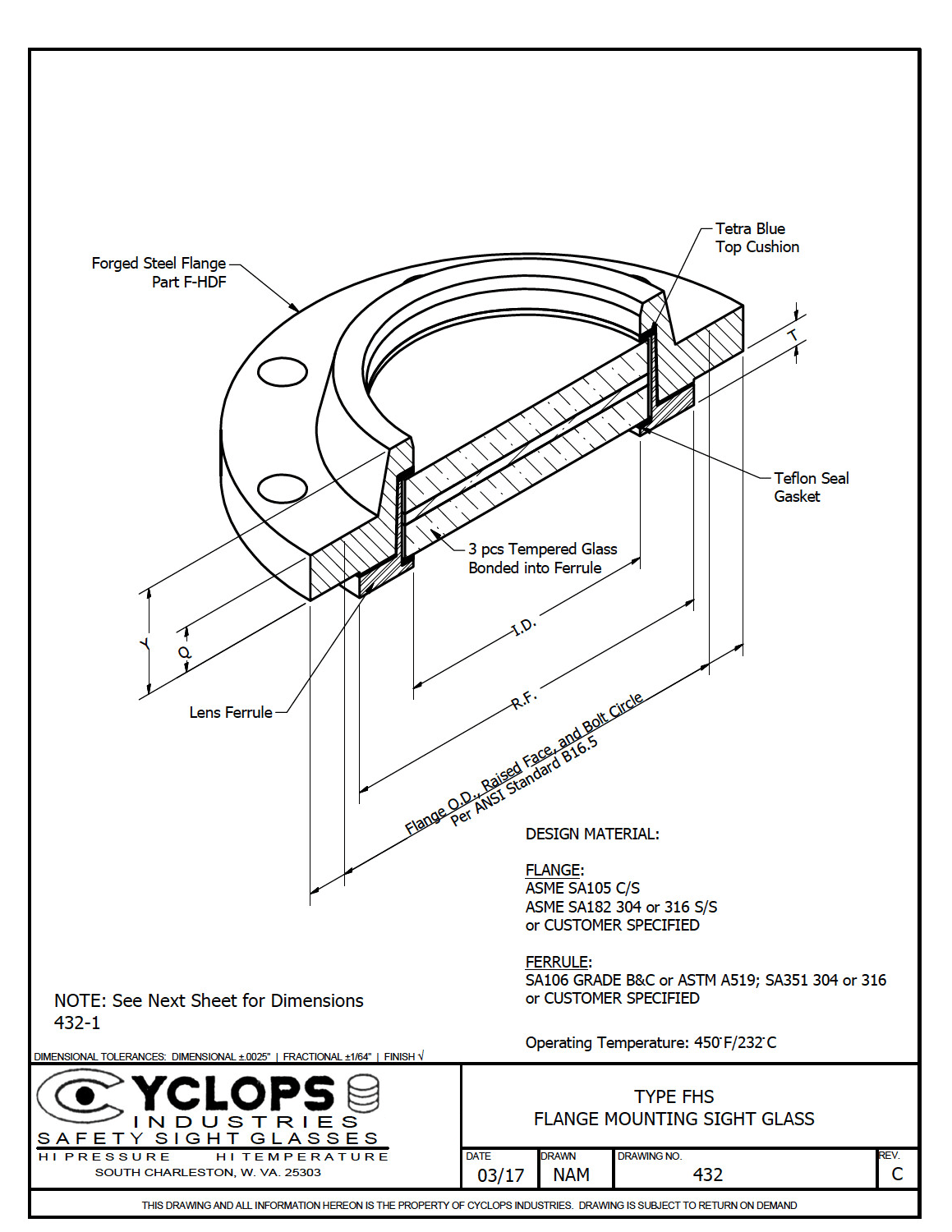 Type F-HS Flange Mounted Sight Glass