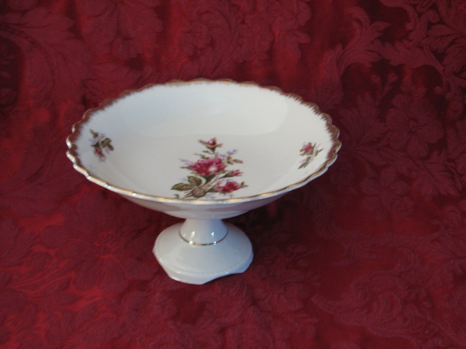 Vintage Compote With Floral Design, Scalloped Edge & Gold Rim