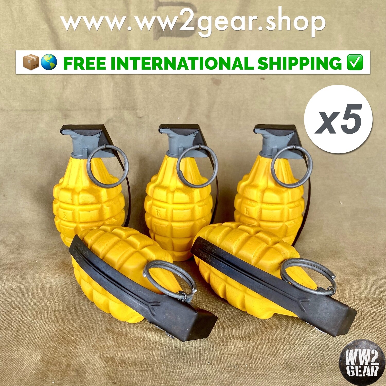 (x5) US WW2 MKII Pineapple Frag Grenades - Yellow (Resin Reproductions)