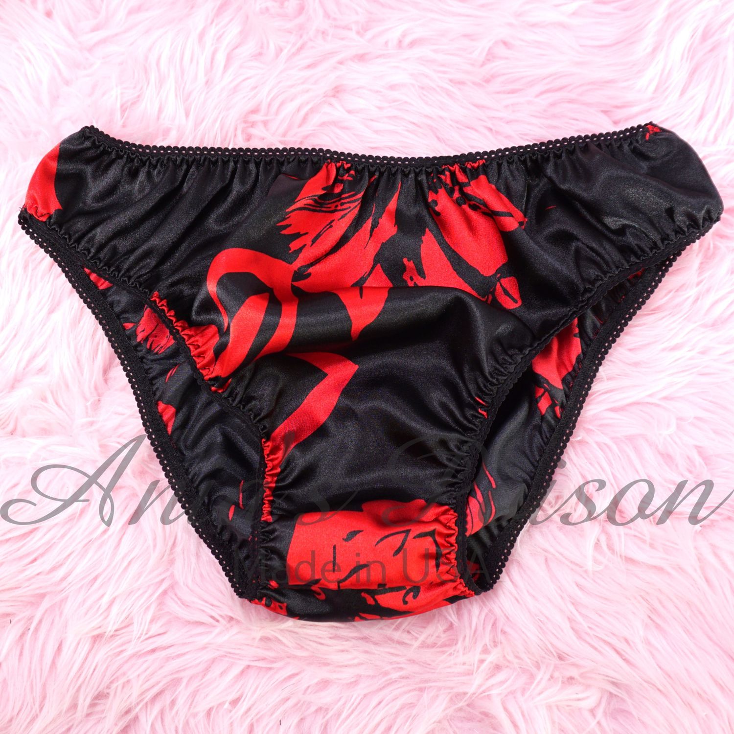 Anias Poison Full bikini cut Black Satin lined front Red Roses SISSY ...