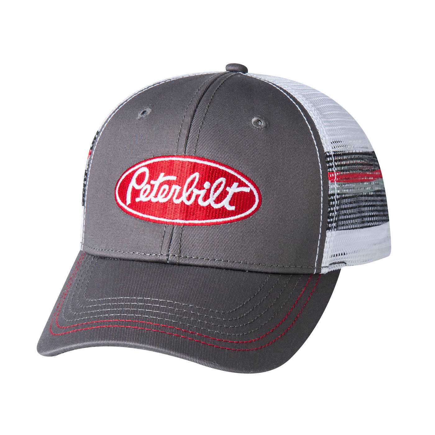 CFG Grey & White Peterbilt Logo Striped Mesh Back Trucker Cap | Shop ...