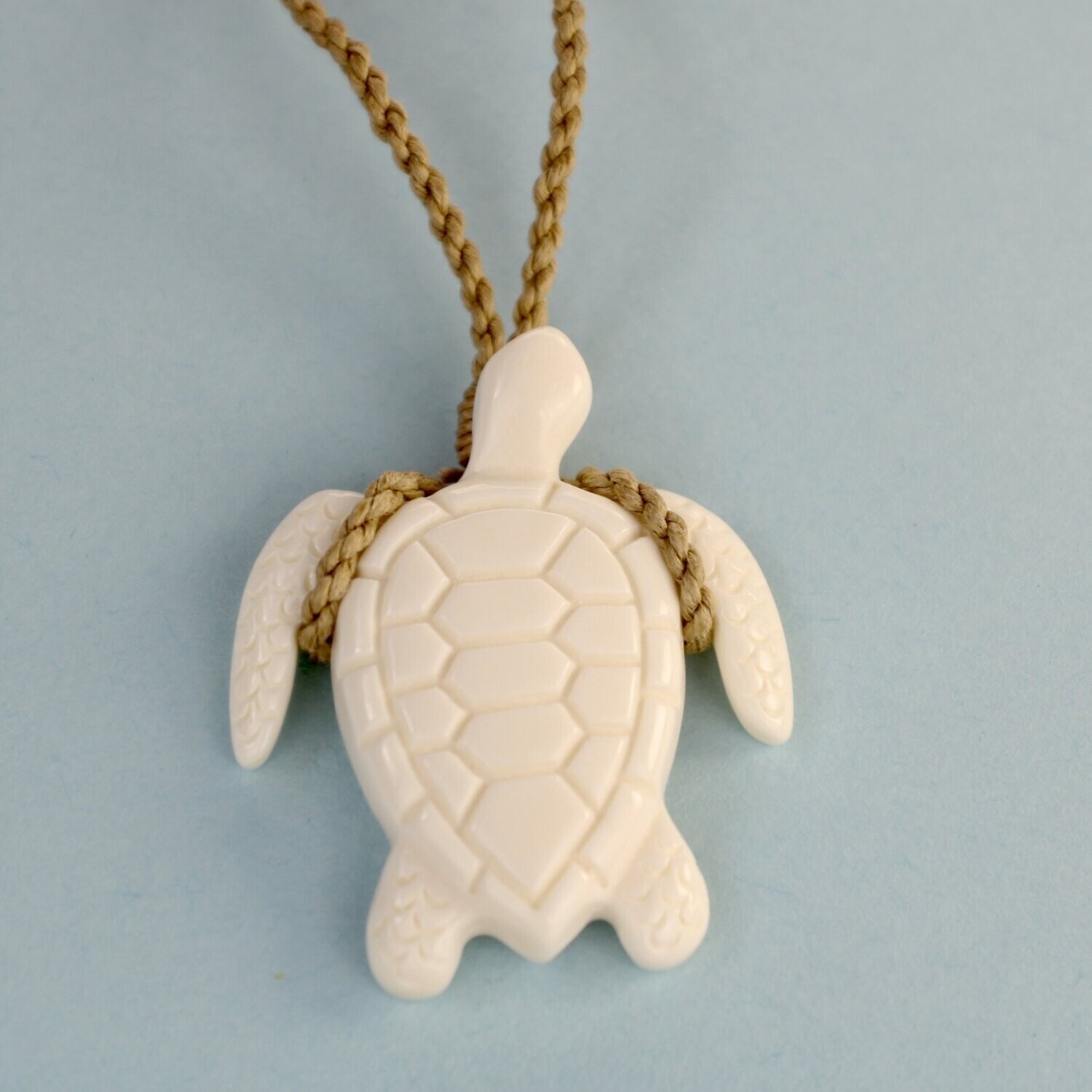 Hawaiian Bone Turtle Honu Pendant on Adjustable Hand Braided Tan Cord