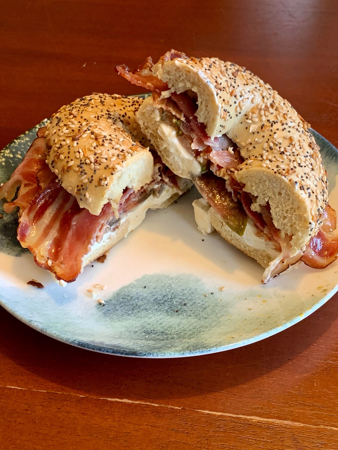 New York Bagel or Kaiser "Hard" Roll, Polish Bacon, Tomato, and Cream ...
