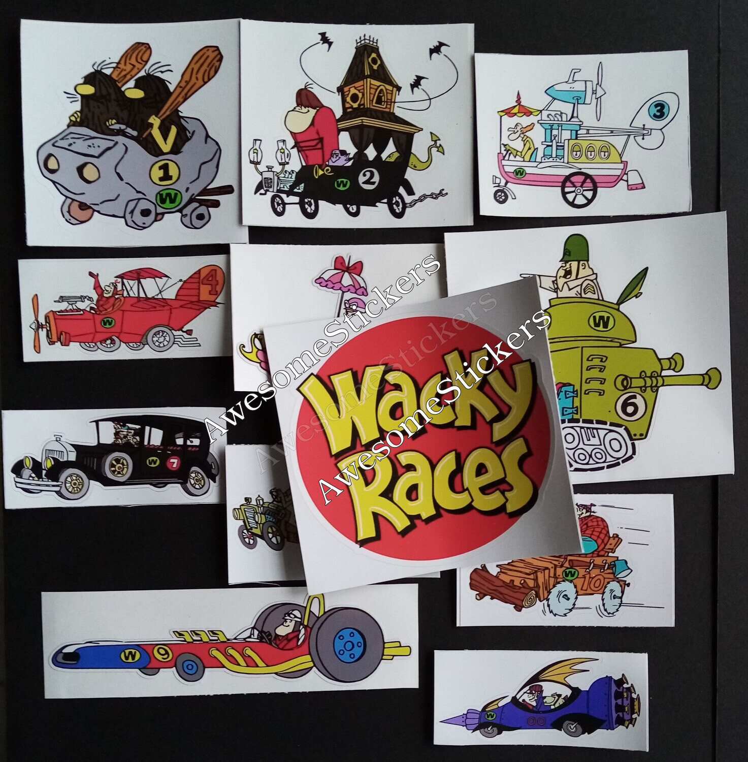 Wacky Races 11+1 classic stickers~retro~custom repro DIE CUT