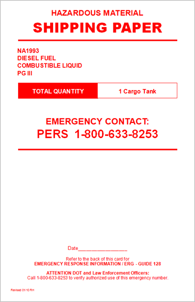 NA1993 Diesel Fuel - 1 Cargo Tank