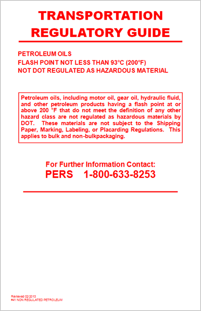 Petroleum Oils - Not DOT Regulated Info Card