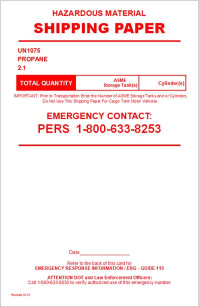 UN1075 Propane (ASME Storage Tanks / Cylinders)