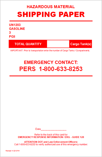 UN1203 Gasoline (Compartmented Cargo Tank)