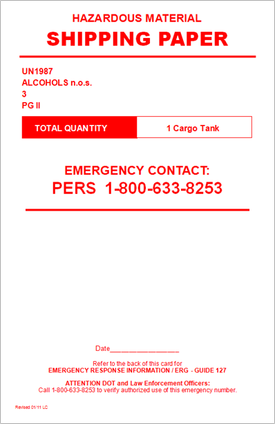 UN1987 Alcohols, n.o.s. (1 Cargo Tank)