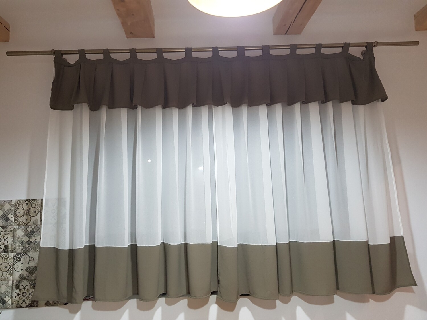 Perdea scurta pentru bucatarie alb & gri