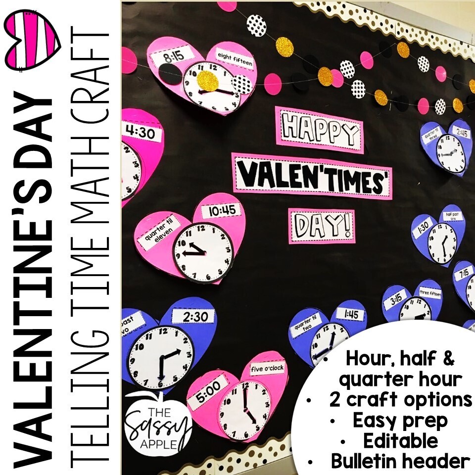 Valentine's Day Craft Math Activity Telling Time Valentine Bulletin ...