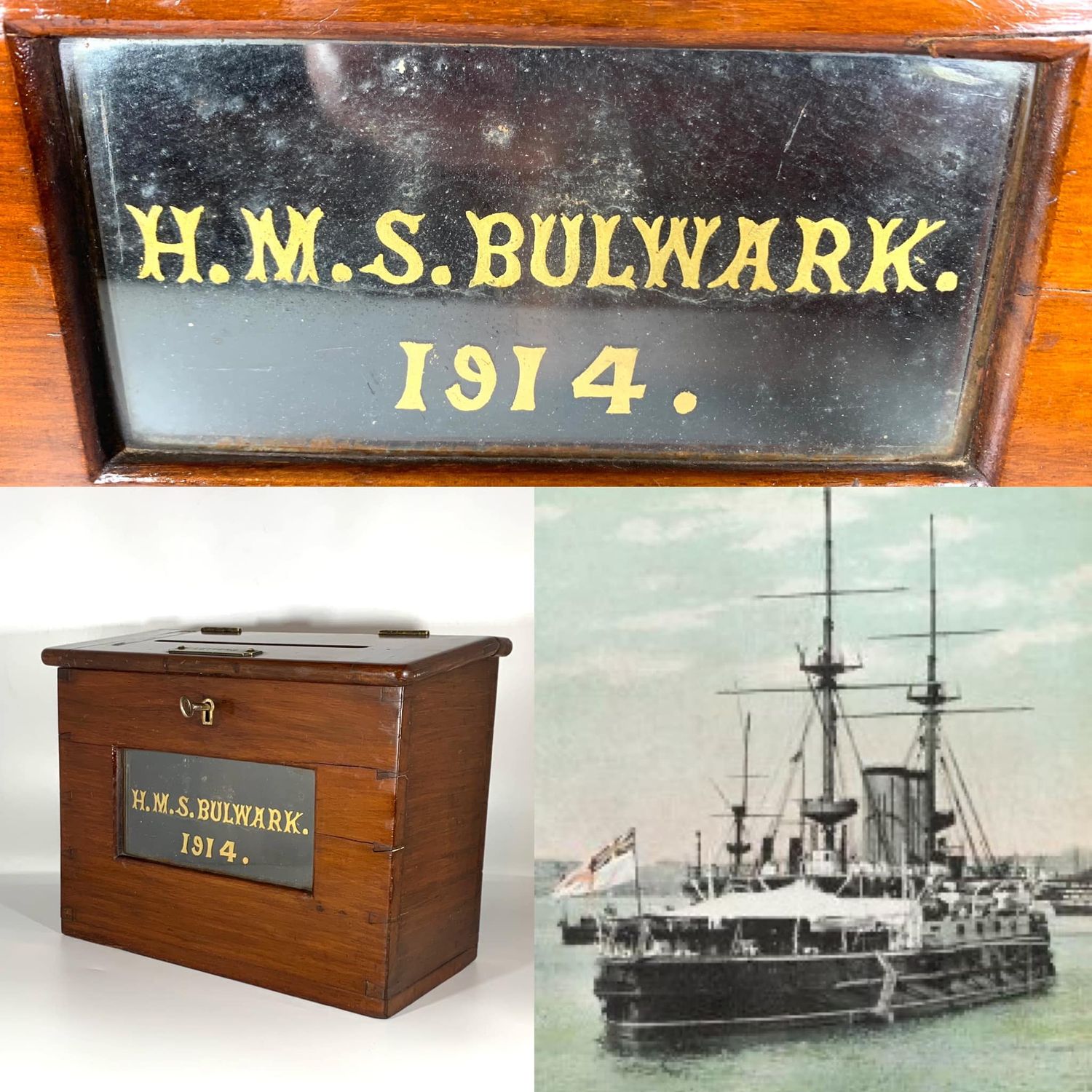 Amazing Mahogany Cased Royal Navy HMS Bulwark Ships Letter Box (d.1914)