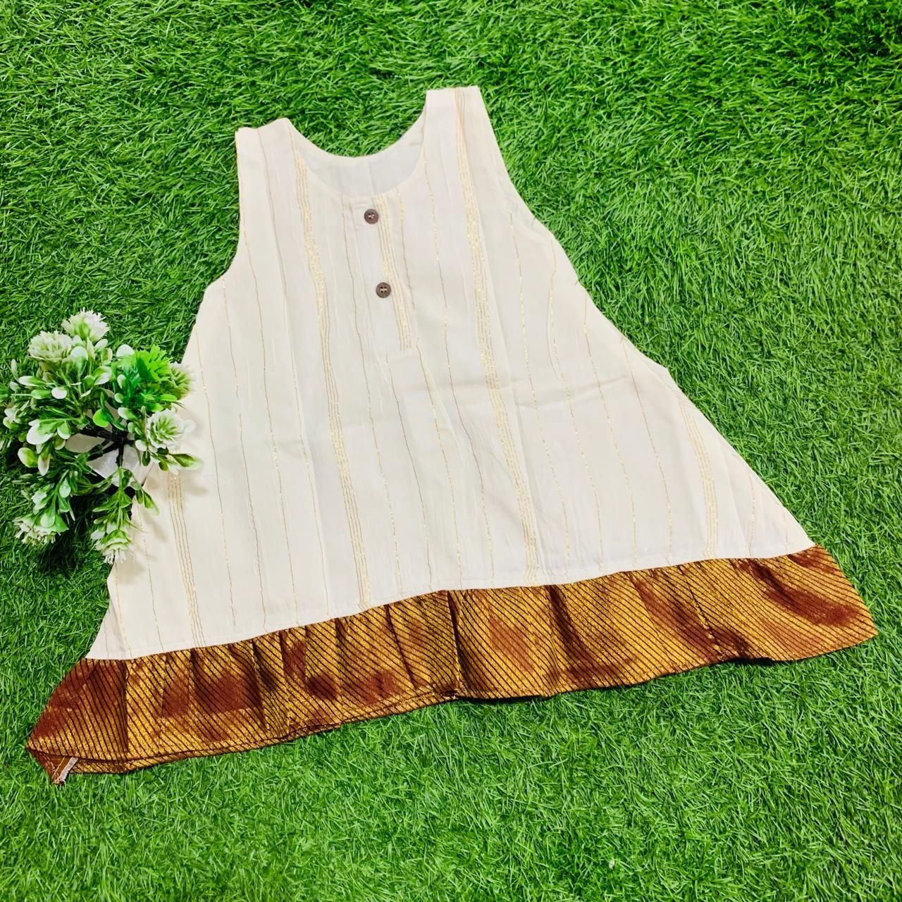 Onam A-line frock with brown frills - full lining (4-5 years)