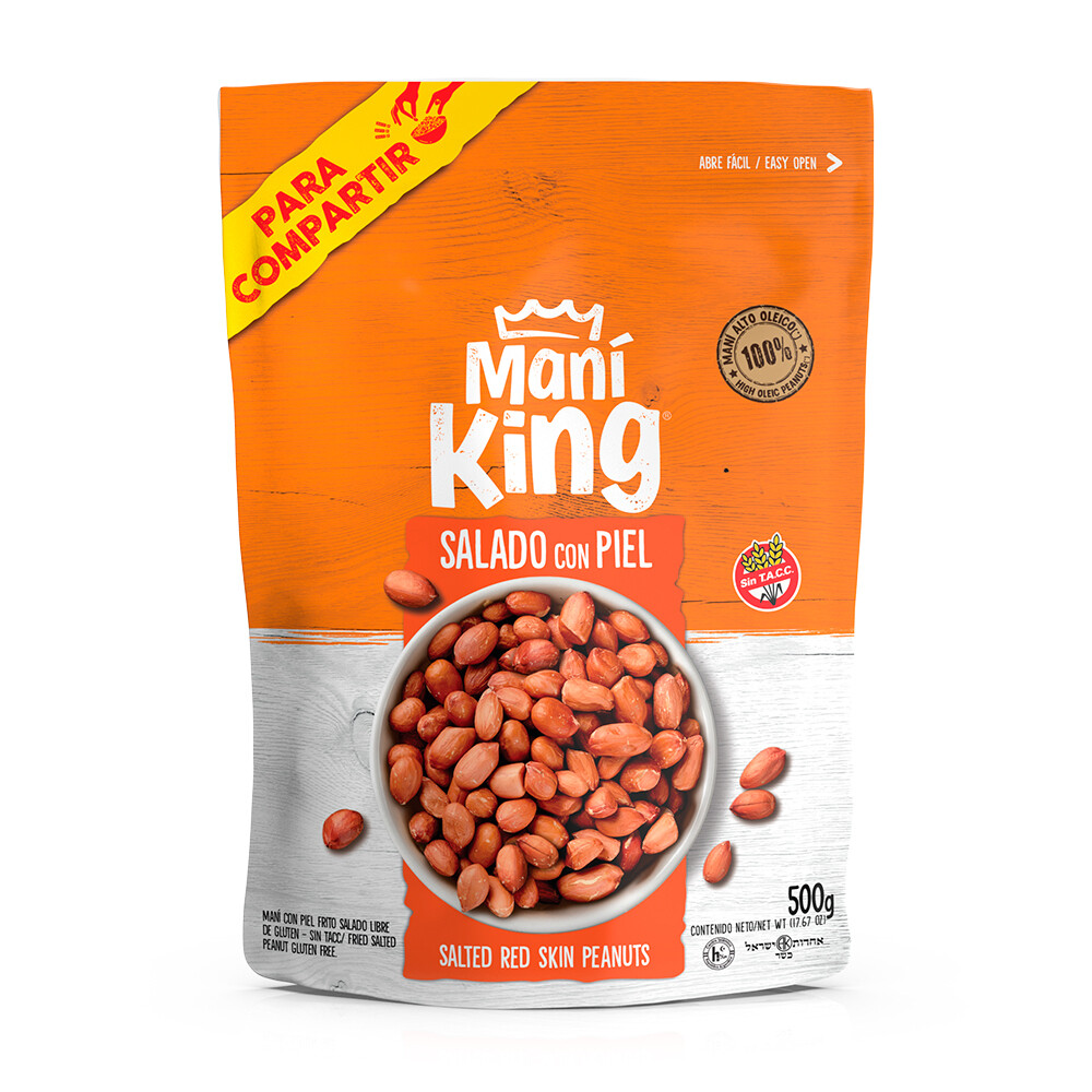 MANI KING FRITO CON PIEL Doy Pack x500 grs